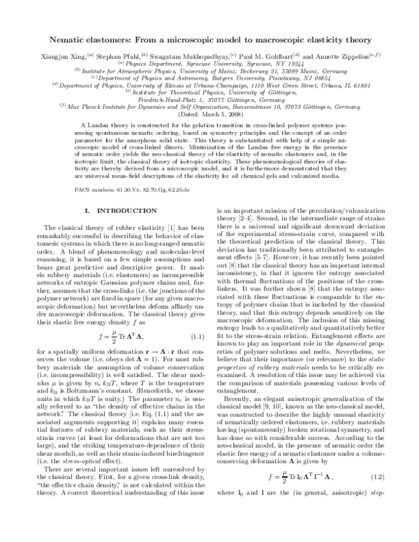 Pdf Nematic Elastomers From A Microscopic Model To Macroscopic Elasticity Theory Annette