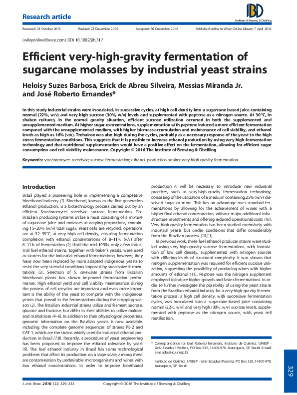 (PDF) Efficient very-high-gravity fermentation of sugarcane molasses by ...