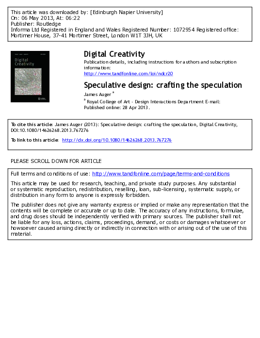 (PDF) Speculative design: crafting the speculation