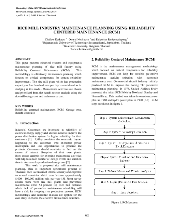 (PDF) Rice Mill Industry Maintenance Planning using Reliability Centered Maintenance (RCM)