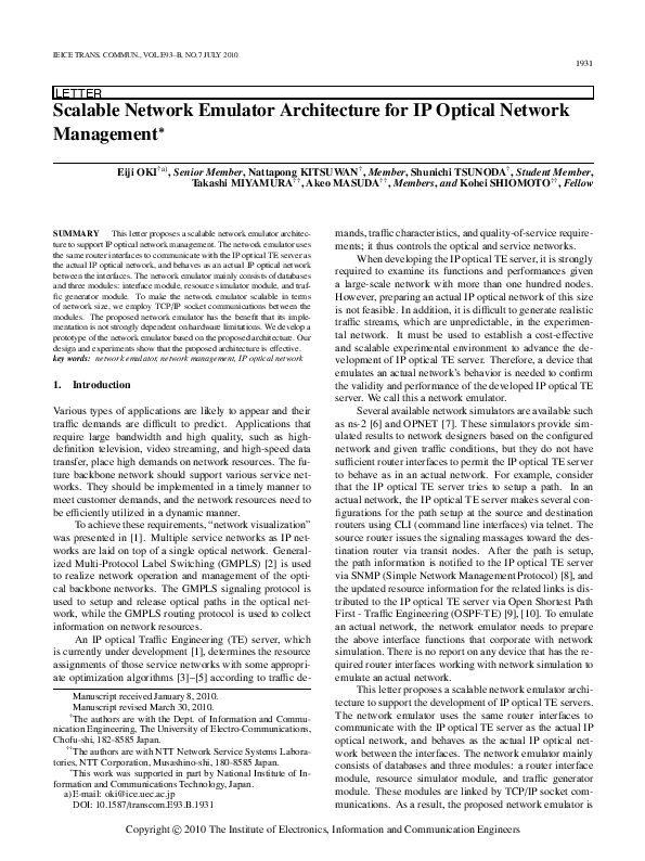 Scalable Network Emulator Architecture for IP Optical Network Management