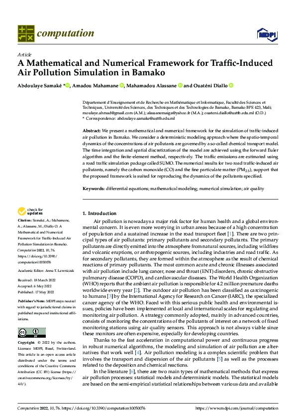Pdf A Mathematical And Numerical Framework For Traffic Induced Air Pollution Simulation In Bamako 