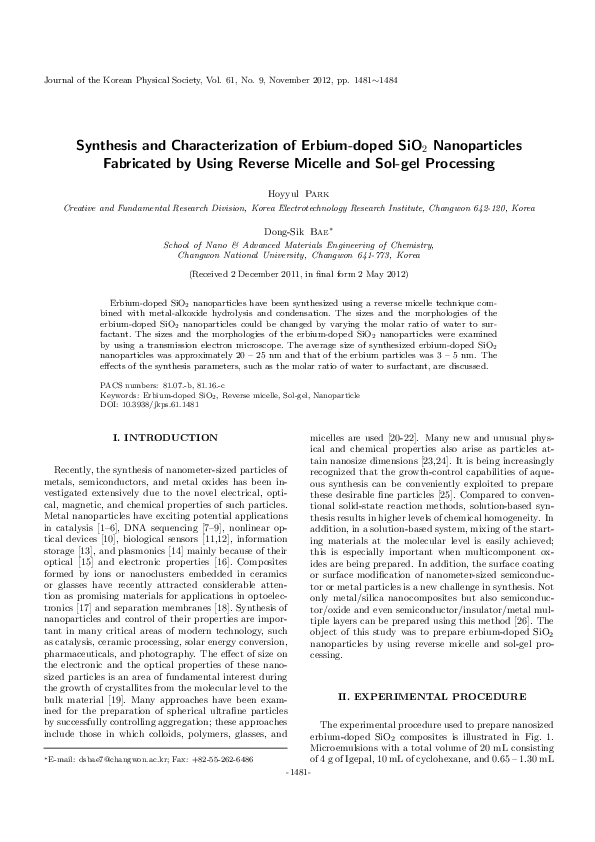Pdf Synthesis And Characterization Of Erbium Doped Sio2 Nanoparticles Fabricated By Using
