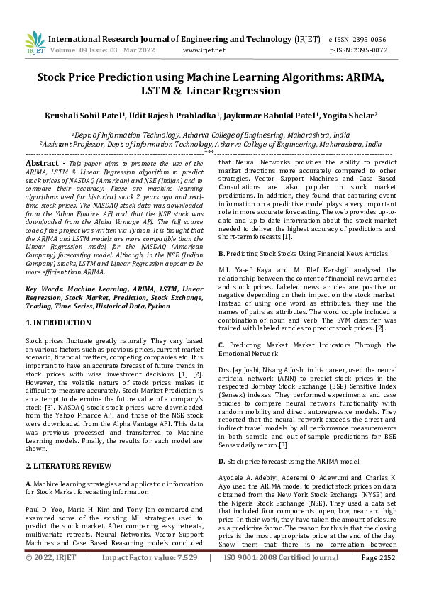 Pdf Stock Price Prediction Using Machine Learning Algorithms Arima Lstm And Linear Regression