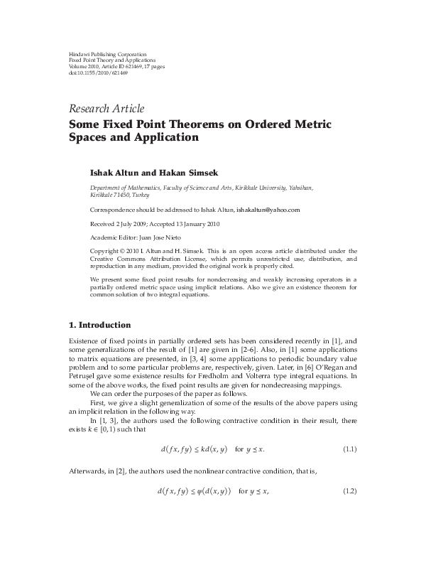 (PDF) Some Fixed Point Theorems on Ordered Metric Spaces and Application