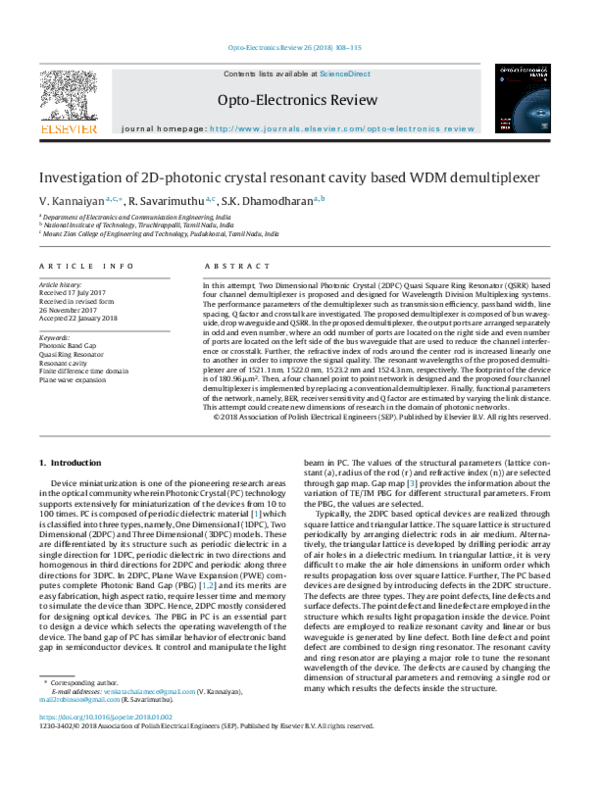 (PDF) Investigation of 2D-photonic crystal resonant cavity based WDM demultiplexer