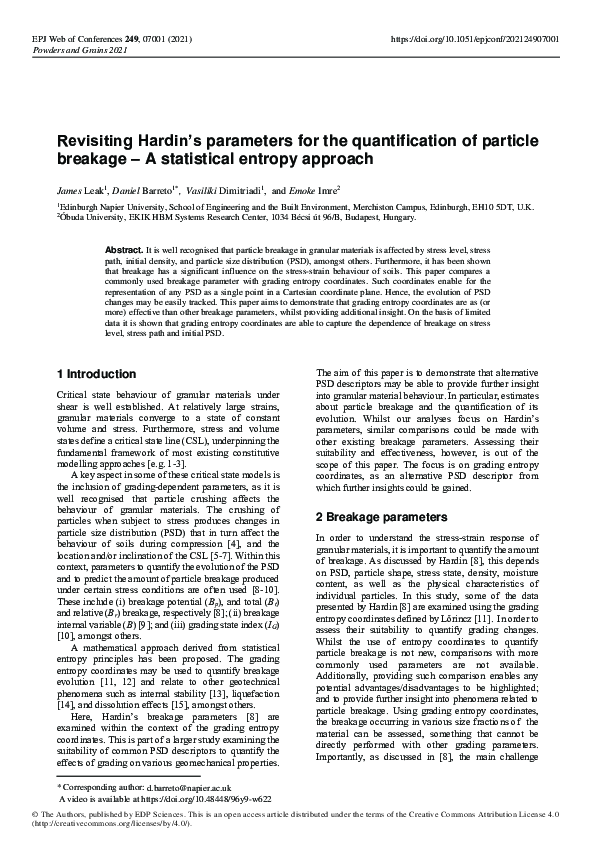 (PDF) Revisiting Hardin’s parameters for the quantification of particle breakage – A statistical ...