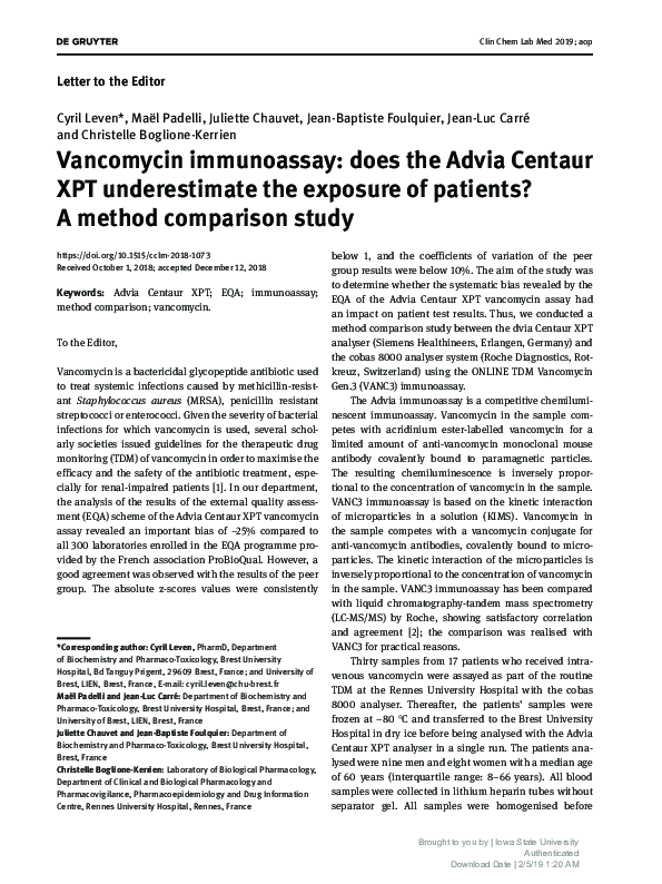 (PDF) Vancomycin immunoassay: does the Advia Centaur XPT underestimate the exposure of patients ...
