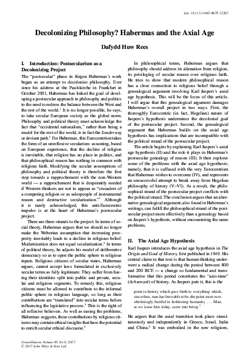 (PDF) Decolonizing Philosophy? Habermas and the Axial Age