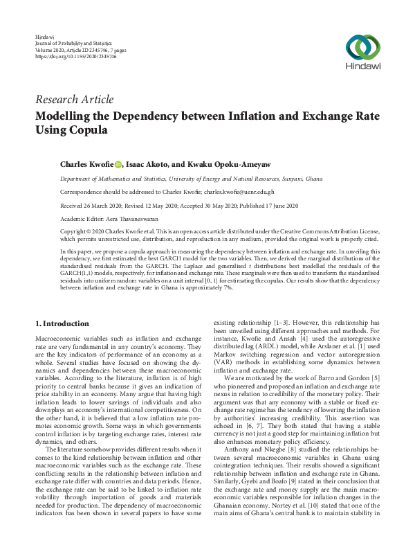 (PDF) Modelling the Dependency between Inflation and Exchange Rate Using Copula