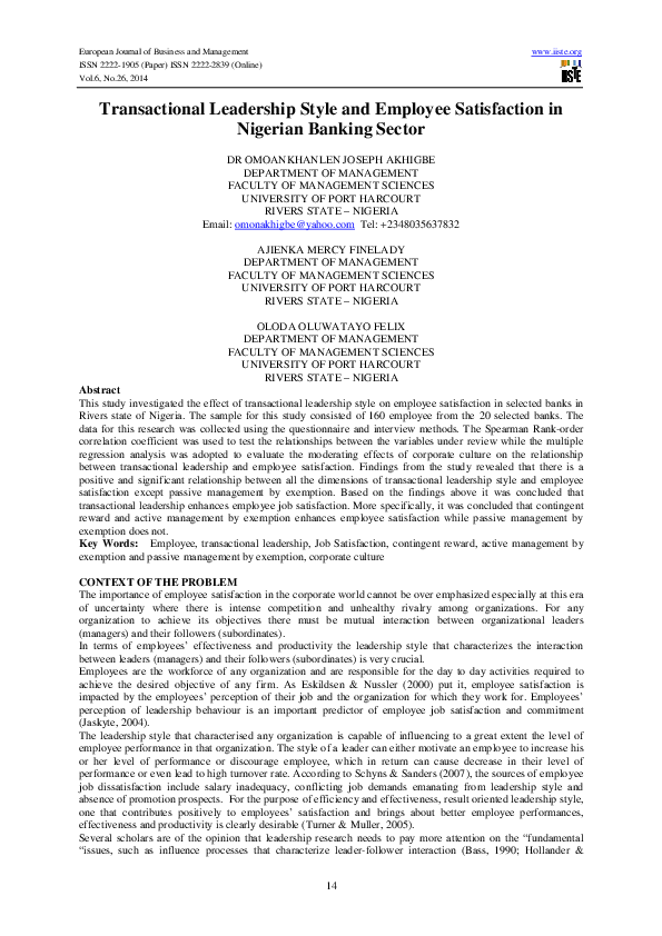 (PDF) Transactional Leadership Style and Employee Satisfaction in Nigerian Banking Sector