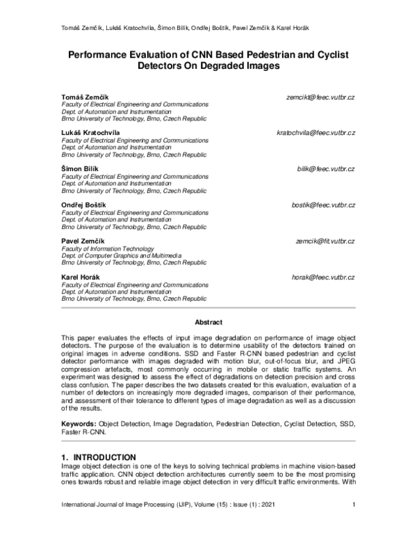 Pdf Performance Evaluation Of Cnn Based Pedestrian And Cyclist Detectors On Degraded Images