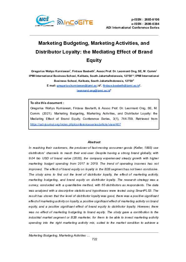 (PDF) Marketing Budgeting, Marketing Activities, and Distributor Loyalty: the Mediating Effect ...