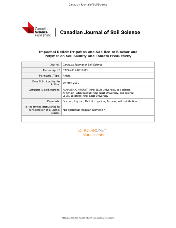 (PDF) Impact of Deficit Irrigation and Addition of Biochar and Polymer on Soil Salinity and ...