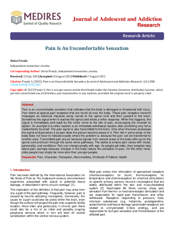 (PDF) Pain Is An Uncomfortable Sensation