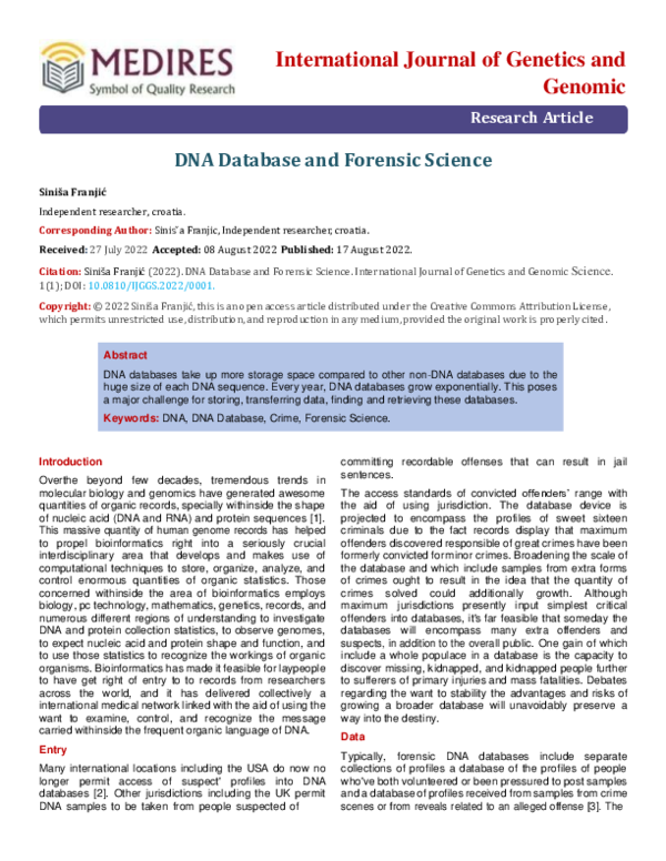 (PDF) DNA Database and Forensic Science