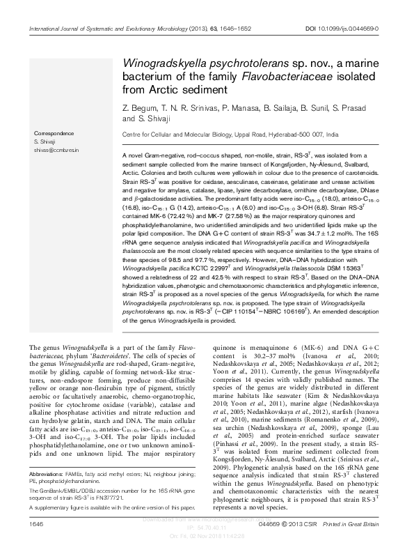 (PDF) Winogradskyella psychrotolerans sp. nov., a marine bacterium of ...