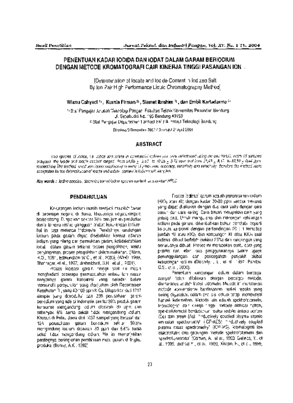 Pdf Determination Of Iodate And Iodide Content In Iodized Salt By Ion Pair High Performance