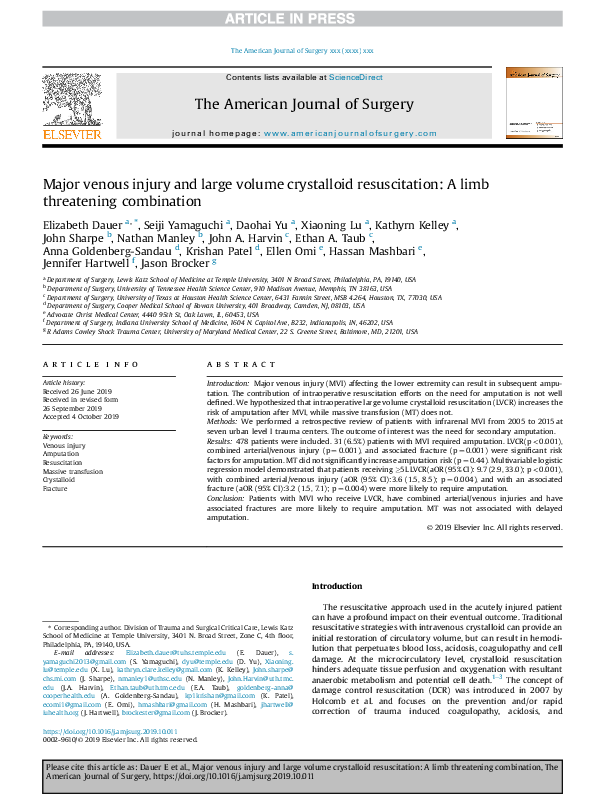 (PDF) Impact of Crystalloid Resuscitation on Amputation Risk After Venous Injury