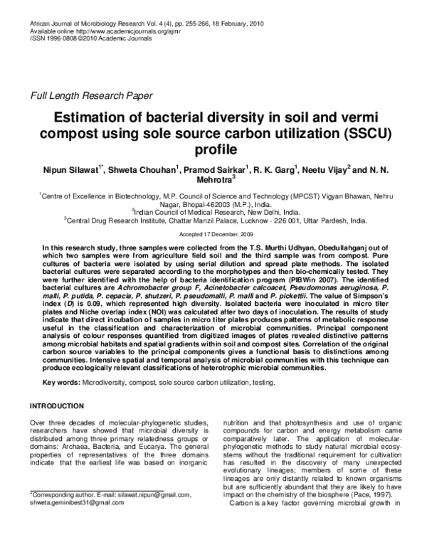 (PDF) Estimation of bacterial diversity in soil and vermi compost using sole source carbon ...
