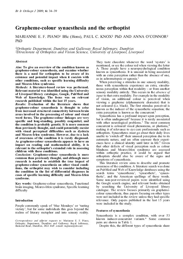 (PDF) Grapheme-colour synaesthesia and the orthoptist