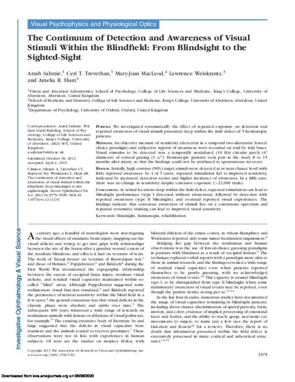 (PDF) The Continuum of Detection and Awareness of Visual Stimuli Within ...