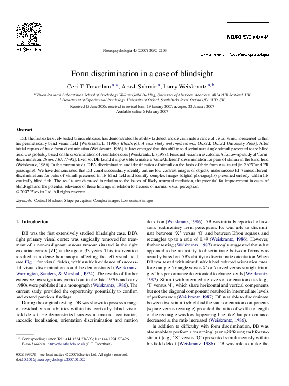 (PDF) Form discrimination in a case of blindsight