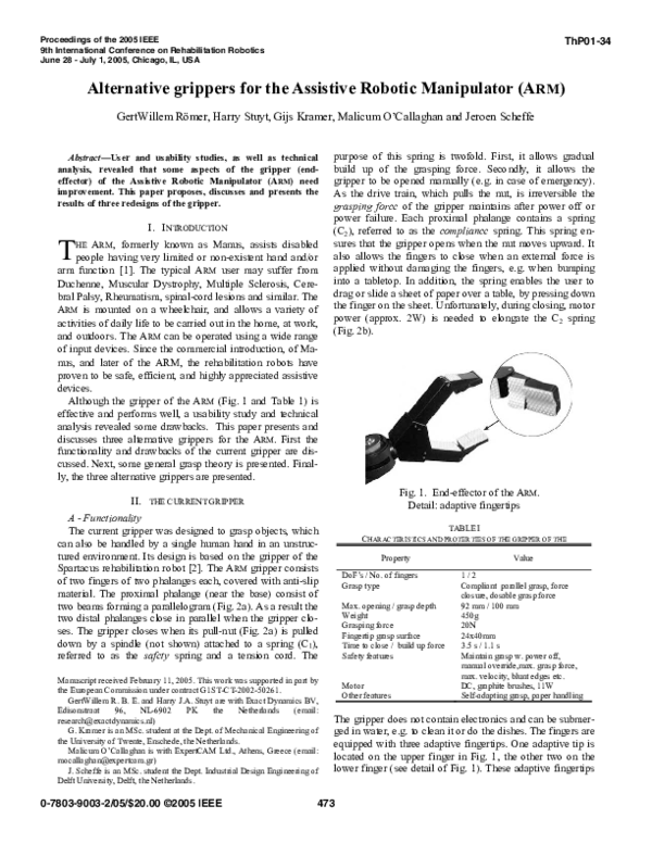 (PDF) Alternative Grippers for the Assistive Robotic Manipulator (ARM)