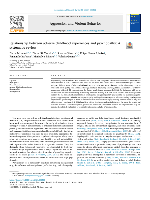 (PDF) Relationship between adverse childhood experiences and psychopathy: A systematic review