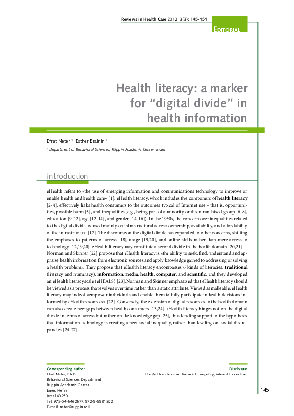 (PDF) eHealth literacy: a marker for "digital divide" in health information