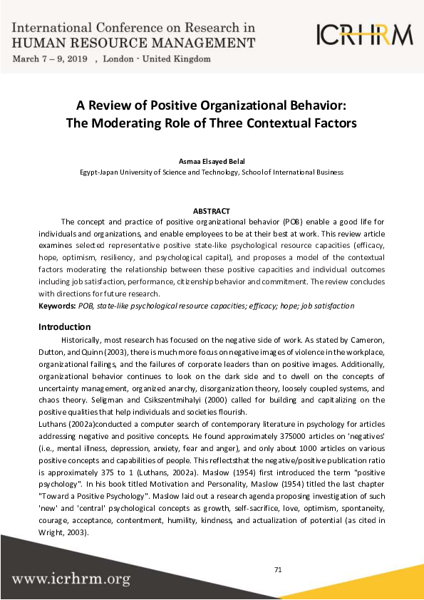 (PDF) A Review of Positive Organizational Behavior:The Moderating Role ...