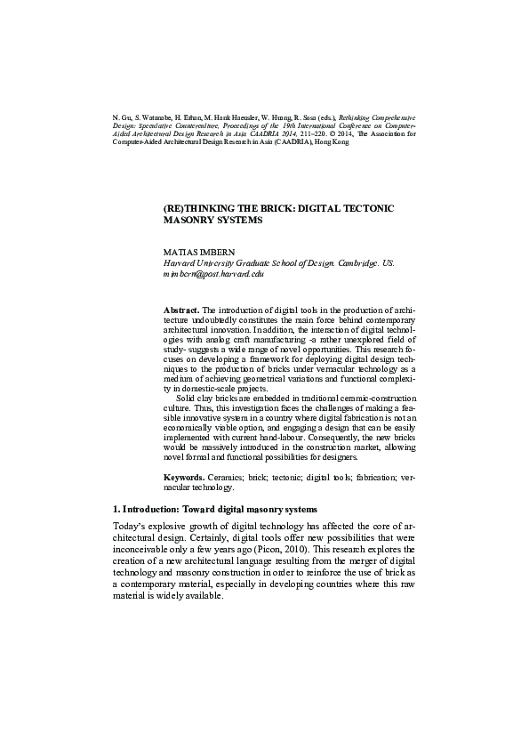 (PDF) (Re)Thinking the Brick: Digital Tectonic Masonry Systems