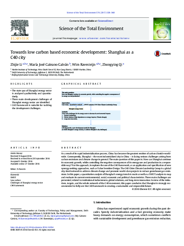 (PDF) Towards low carbon based economic development: Shanghai as a C40 city