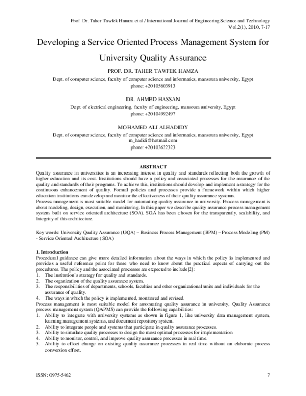 (PDF) Developing a Service Oriented Process Management System for University Quality Assurance