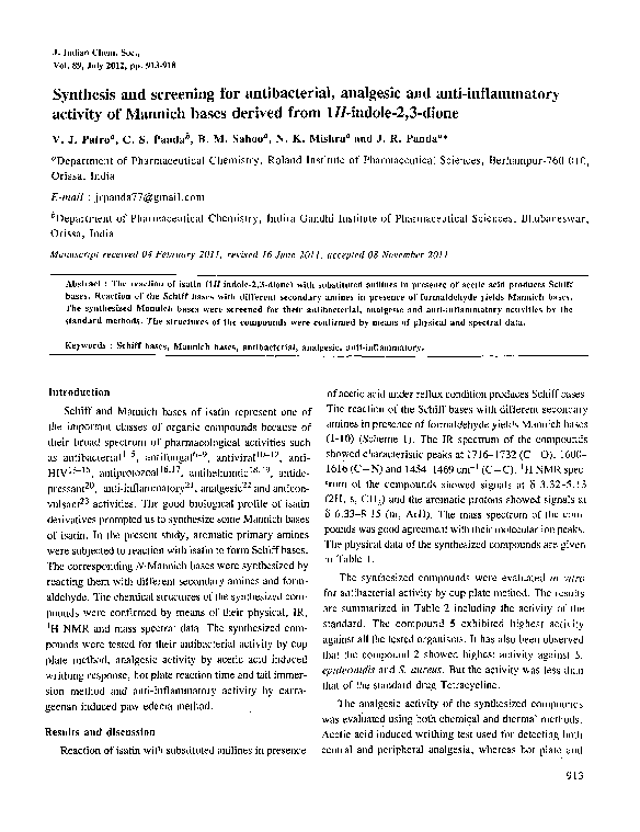 (PDF) Synthesis and screening for antibacterial, analgesic and anti-inflammatory activity of ...