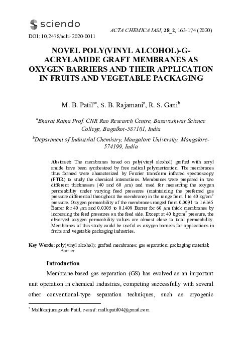 (PDF) Novel Poly(Vinyl Alcohol)-Gacrylamide Graft Membranes as Oxygen Barriers and Their ...