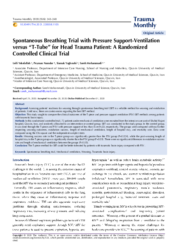(PDF) Spontaneous Breathing Trial with Pressure Support-Ventilation versus “T-Tube” for Head ...
