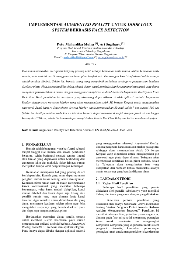 (PDF) IMPLEMENTASI AUGMENTED REALITY UNTUK DOOR LOCK SYSTEM BERBASIS FACE DETECTION
