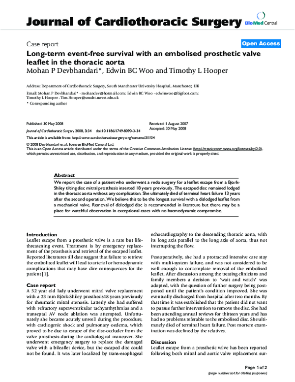 (PDF) Long-term event-free survival with an embolised prosthetic valve ...