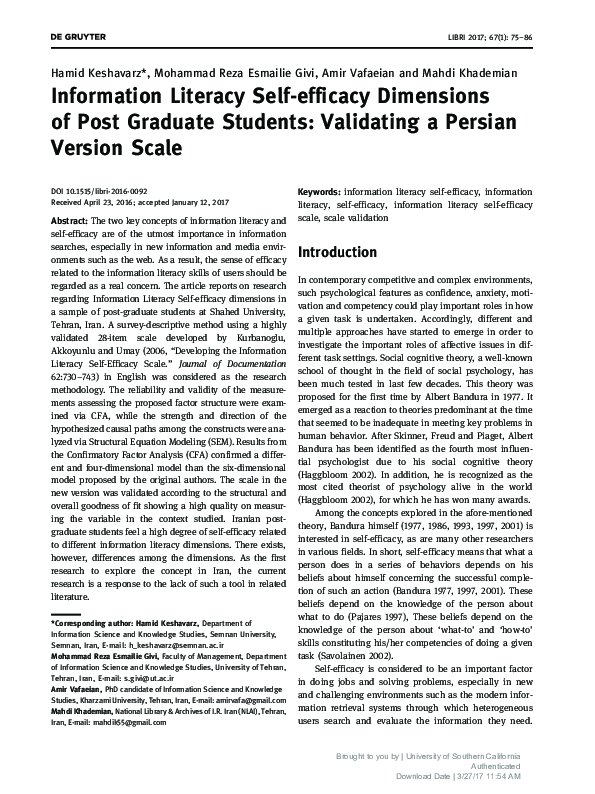 (PDF) Information Literacy Self-efficacy Dimensions of Post Graduate ...
