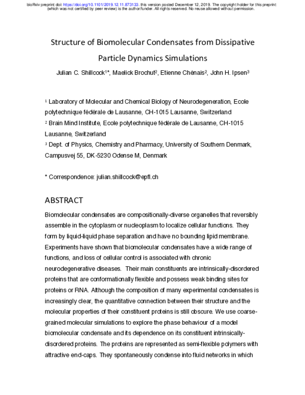 (PDF) Structure of biomolecular condensates from dissipative particle ...