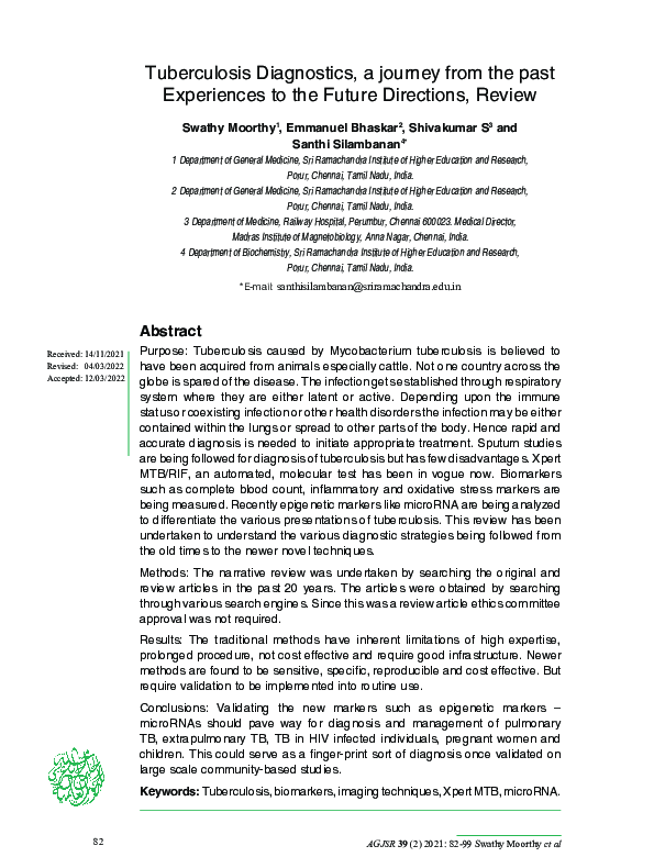 (PDF) Tuberculosis Diagnostics, a journey from the past Experiences to the Future Directions, Review