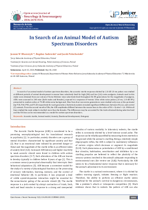 (PDF) In Search of an Animal Model of Autism Spectrum Disorders