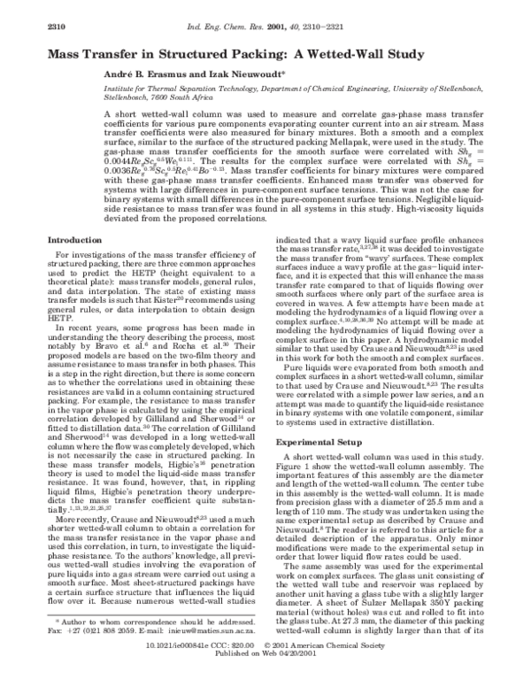 (PDF) Mass Transfer in Structured Packing: A Wetted-Wall Study