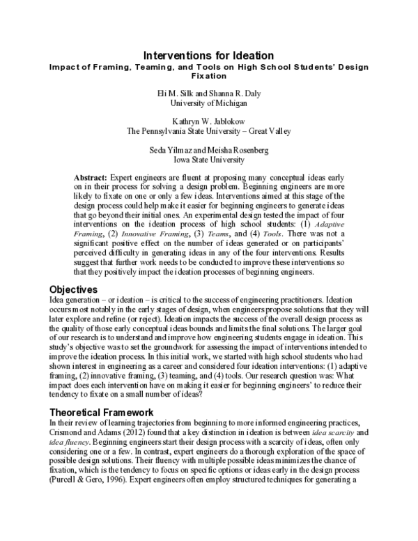 (PDF) Interventions for Ideation: Impact of framing, teaming, and tools ...