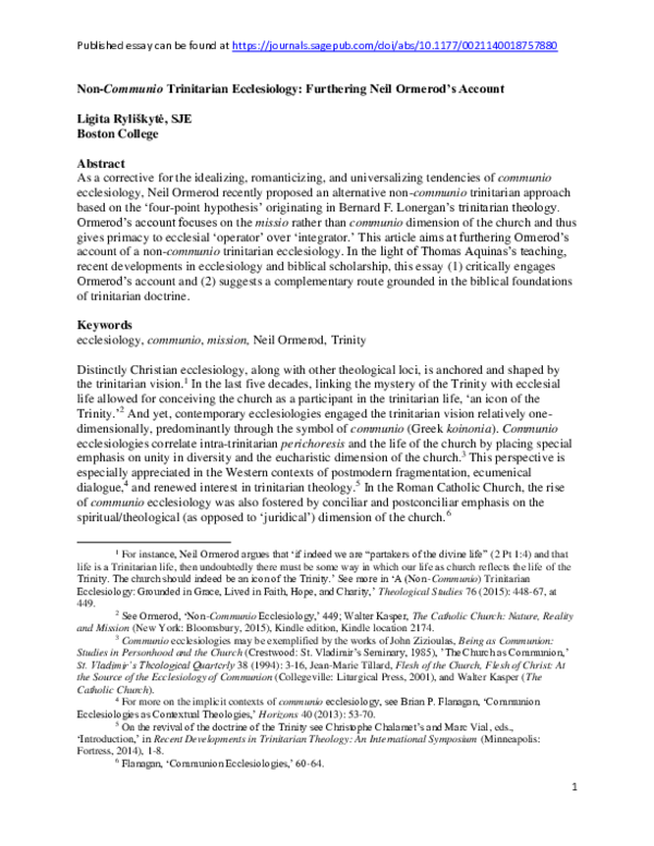 (PDF) Non-Communio Trinitarian Ecclesiology: Furthering Neil Ormerod's ...