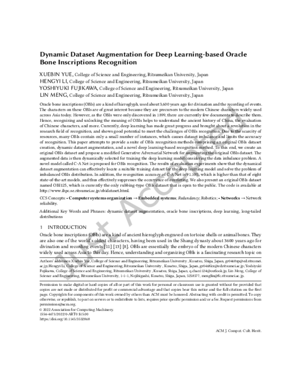 Pdf Dynamic Dataset Augmentation For Deep Learning Based Oracle Bone Inscriptions Recognition
