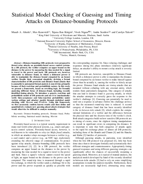 (PDF) Statistical Model Checking of Guessing and Timing Attacks on Distance-bounding Protocols