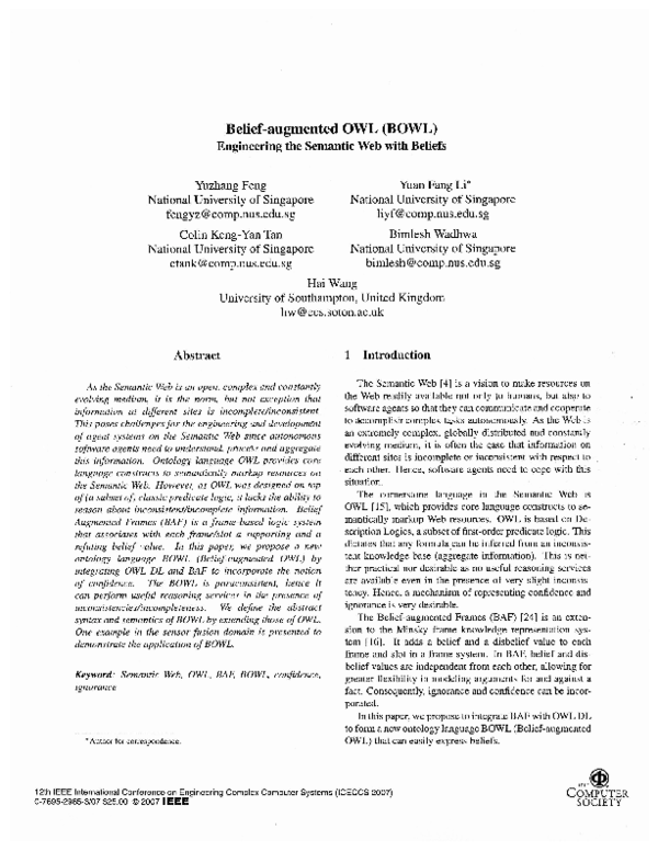 (PDF) Belief-augmented OWL (BOWL) Engineering the SemanticWeb with Beliefs