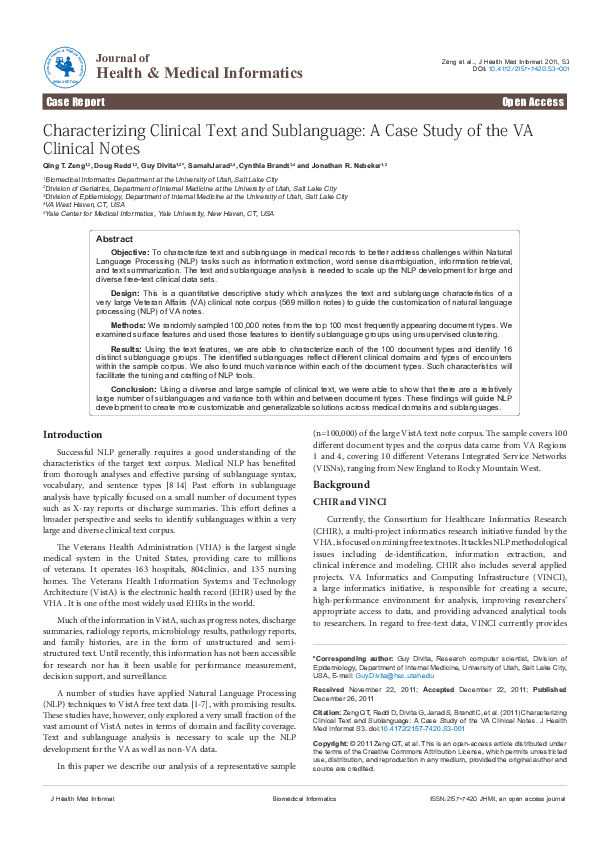 (PDF) Characterizing Clinical Text and Sublanguage: A Case Study of the ...